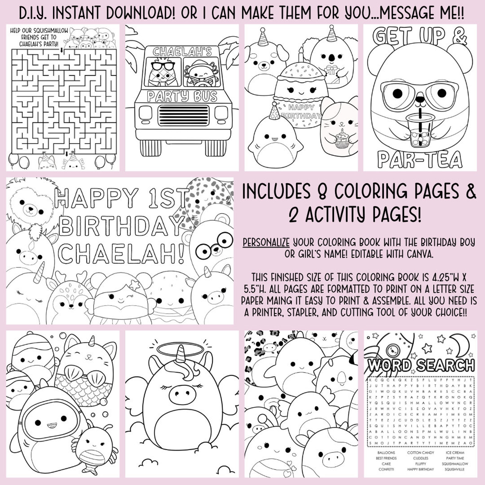 EDITABLE Squishmallow Themed Birthday Coloring Books, Party Favors ...