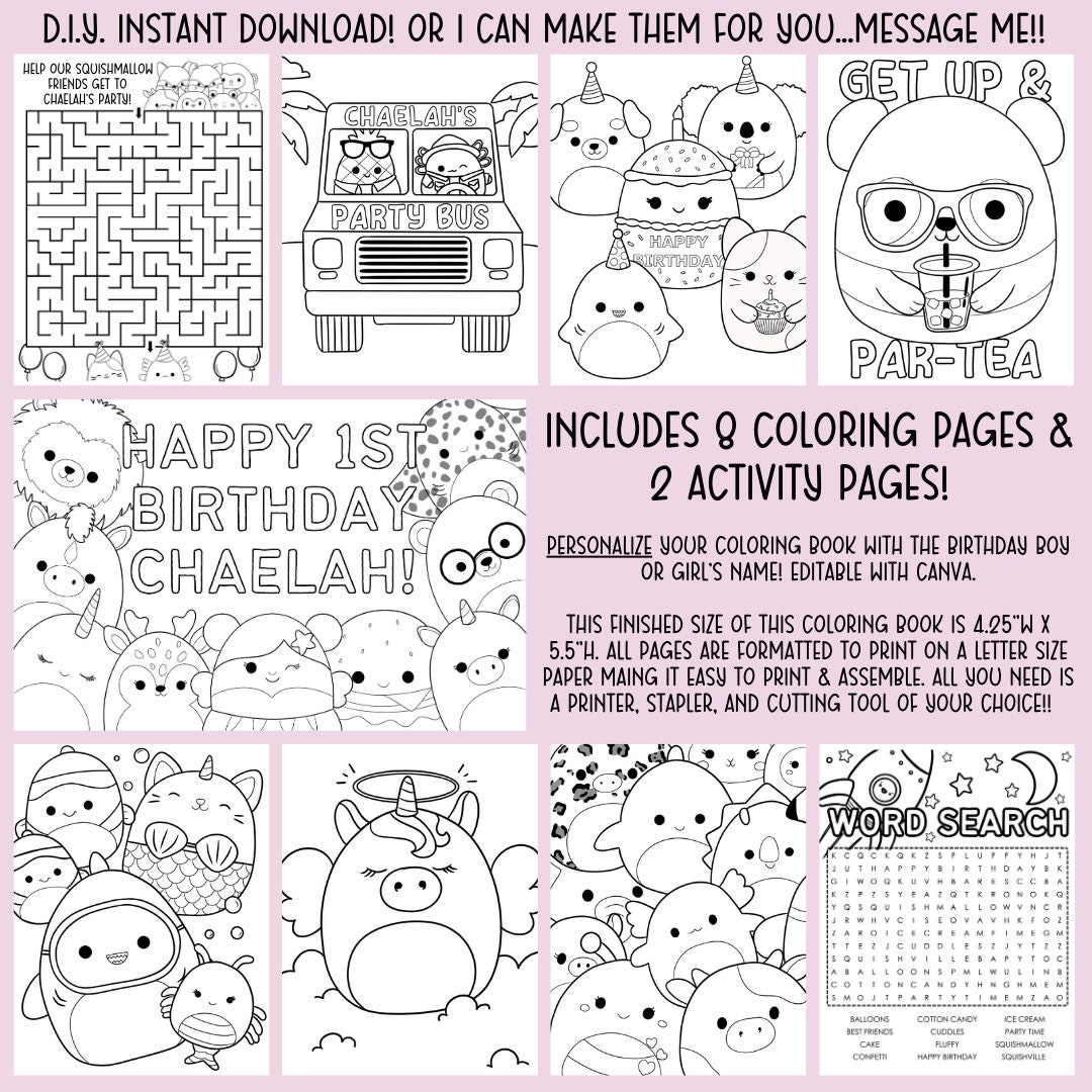 EDITABLE Squishmallow Themed Birthday Coloring Books, Party Favors ...