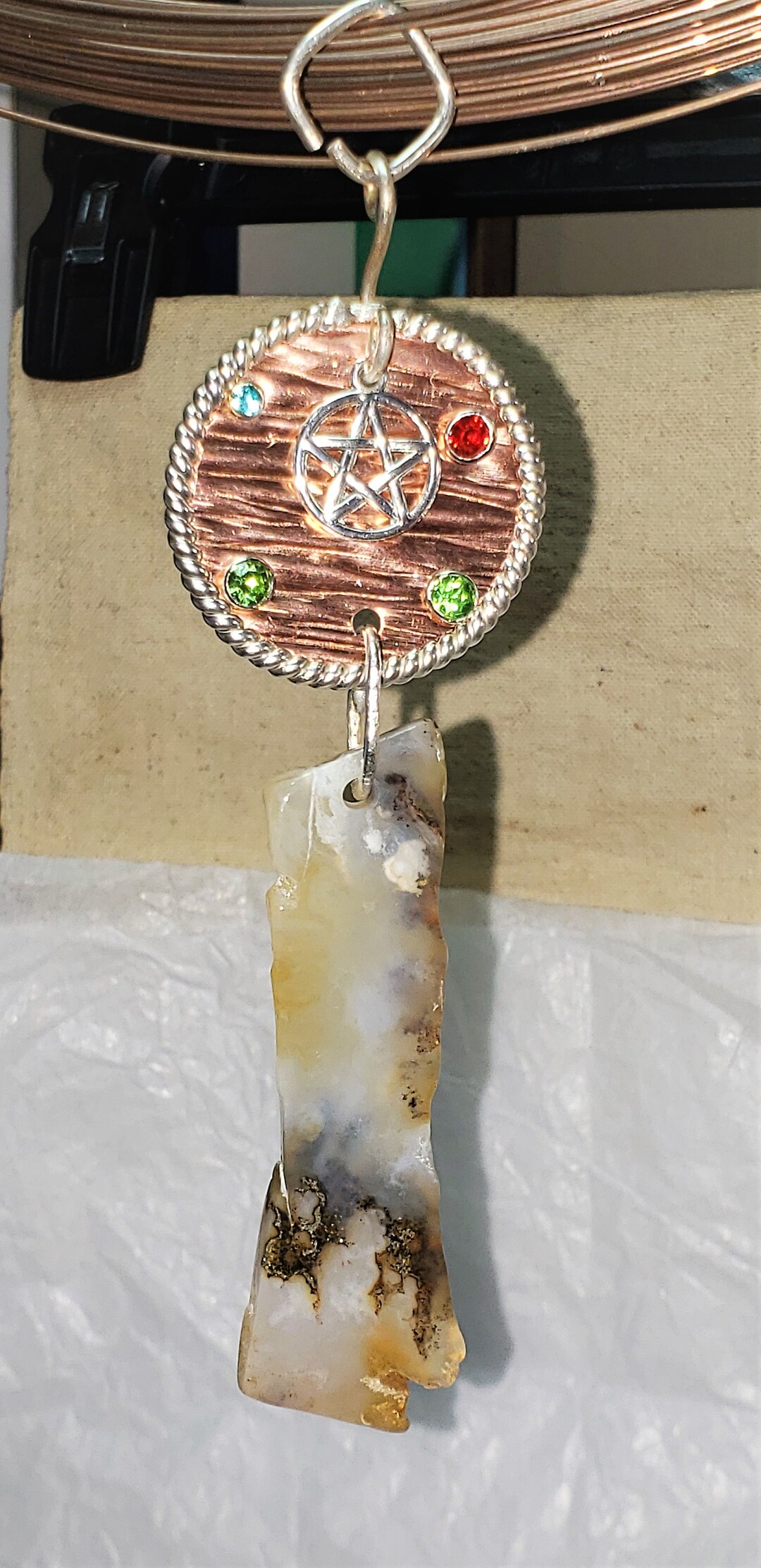 Drop Copper Disk With Star and Crystal Accents and Agate Dangle - Etsy