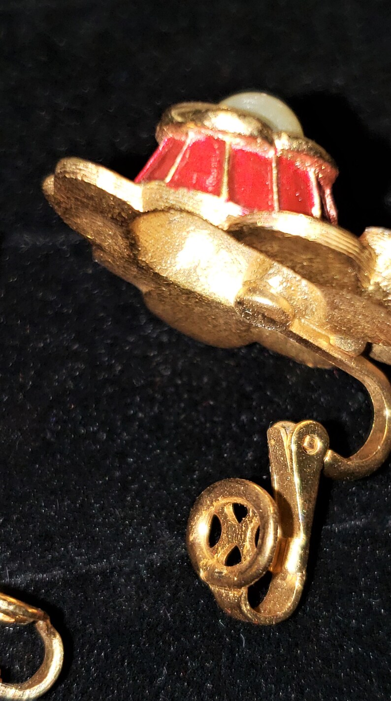 Trifari Signed Stamped Red Enamel and Faux Pearl With Crystals Satin ...