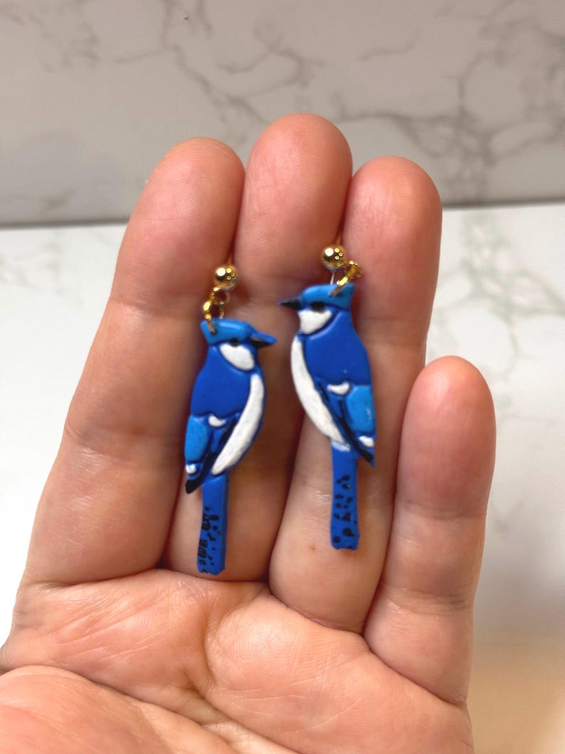 Blue Jay Polymer Clay Handpainted Bird Earrings - Post Style Colorful ...