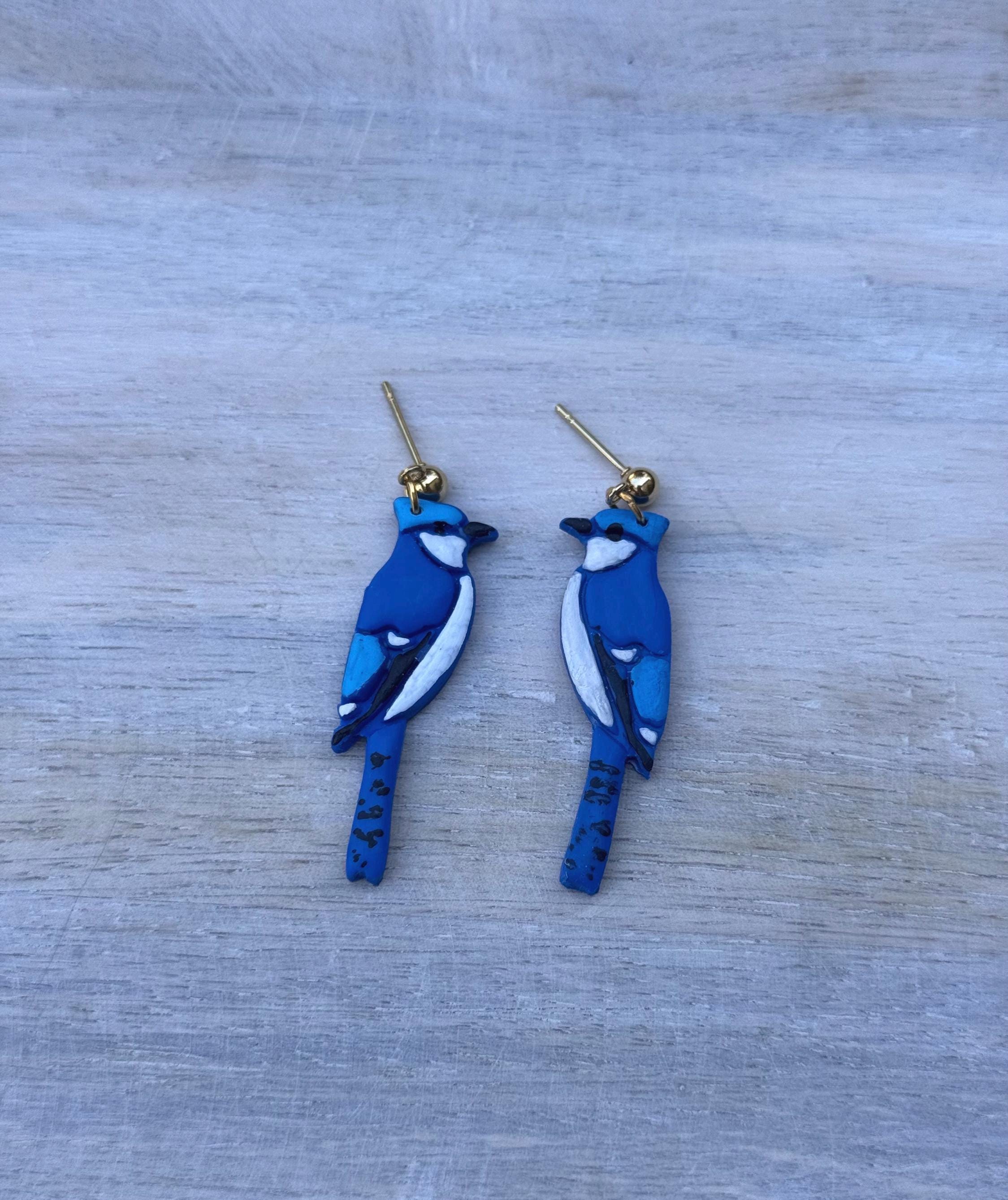 Blue Jay Polymer Clay Handpainted Bird Earrings - Post Style Colorful ...
