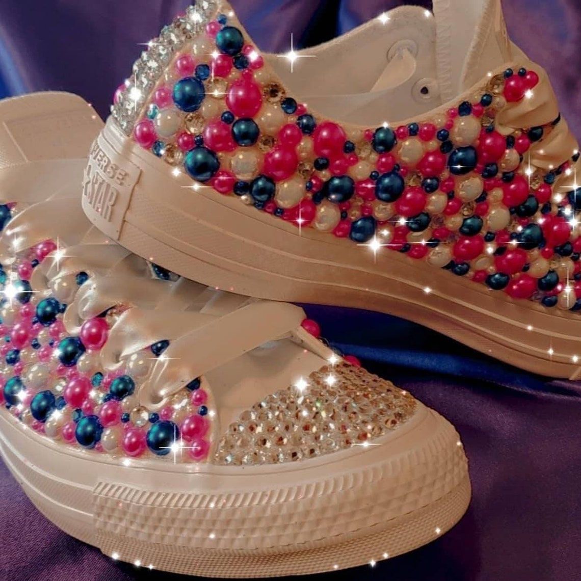 Hot Pink & Blue Adult Tennis Shoes With Pearl's and - Etsy