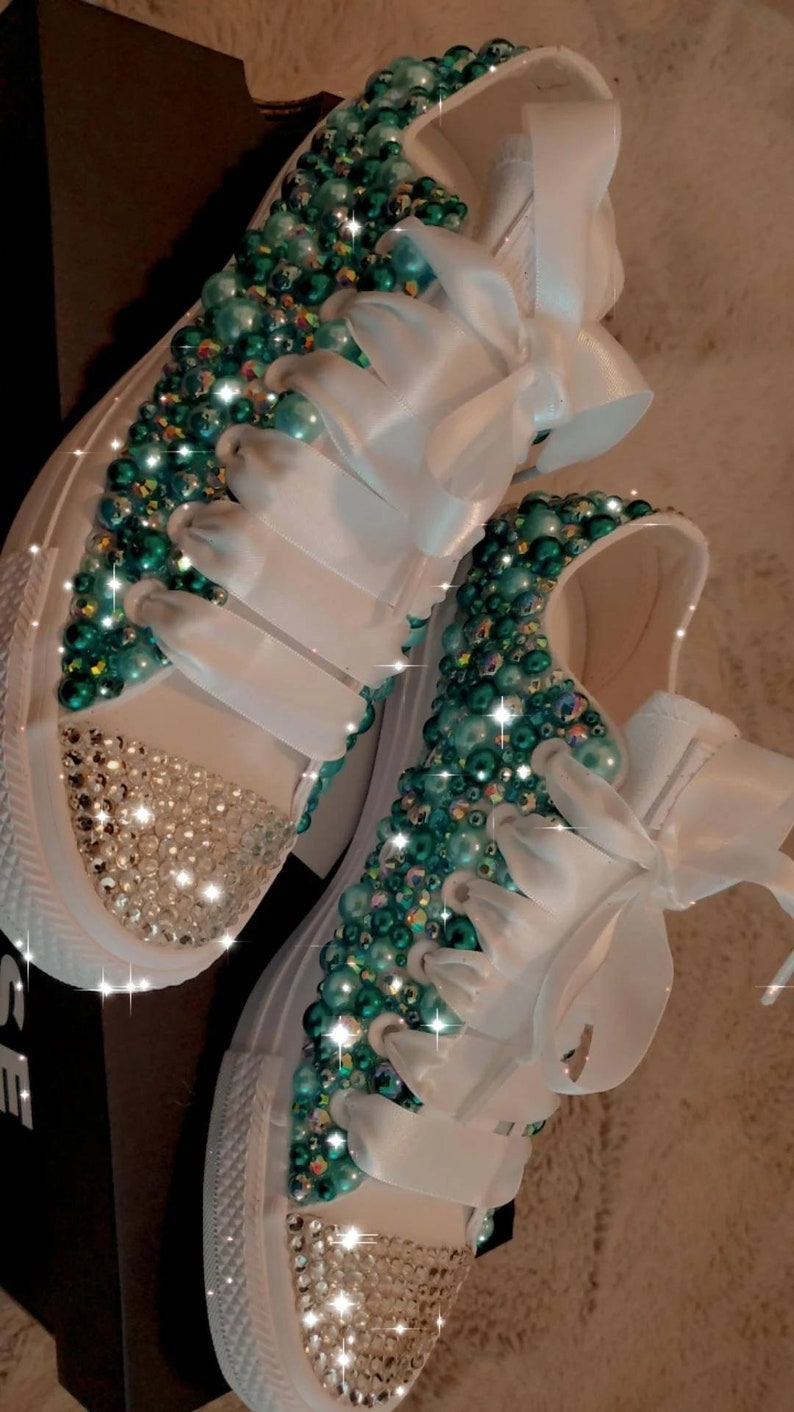Turquoise Teal Adult Tennis Shoes With Pearl's and Rhinestones ( Bling ...