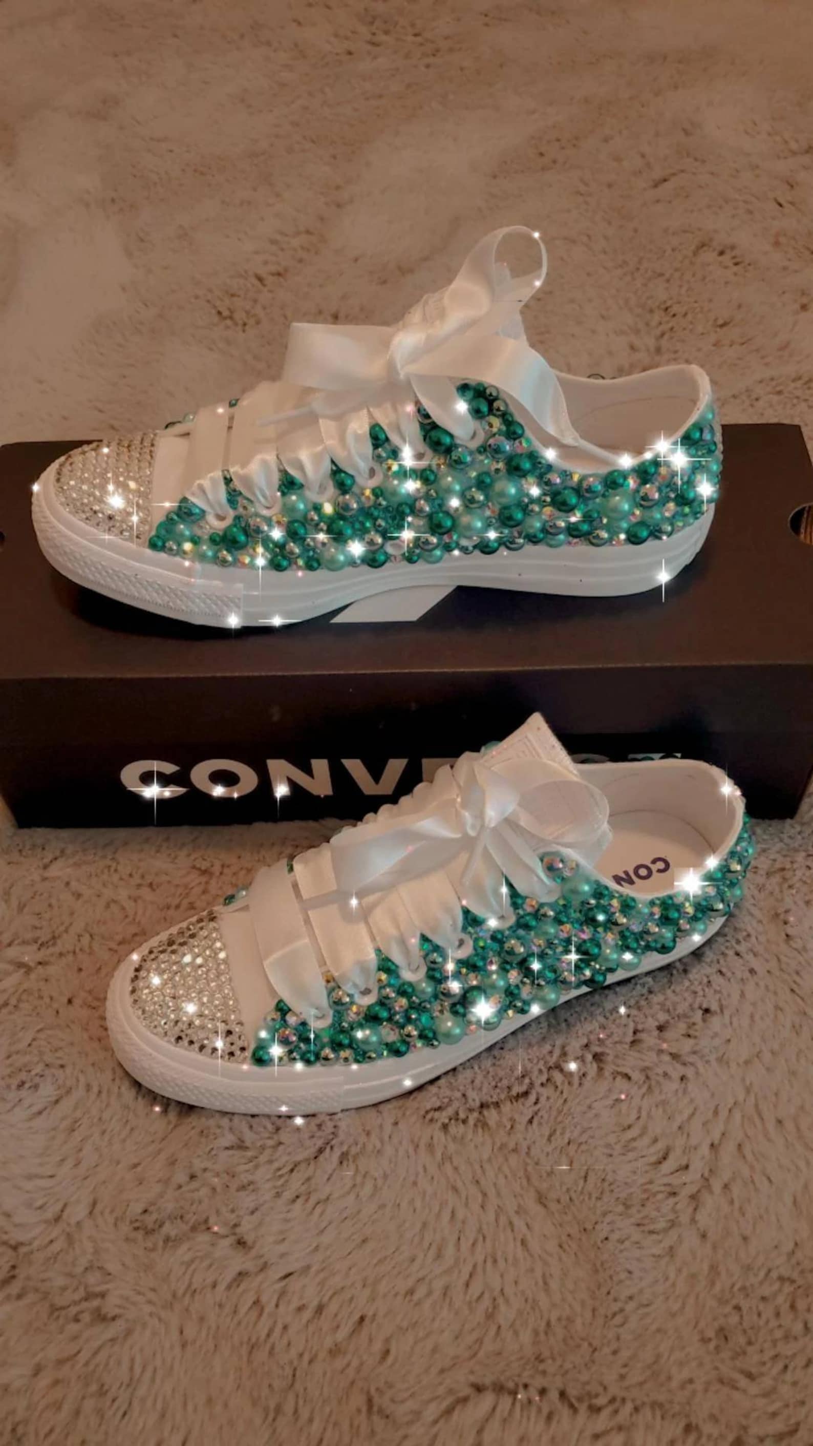 Turquoise Teal Adult Tennis Shoes With Pearl's and Rhinestones ( Bling ...