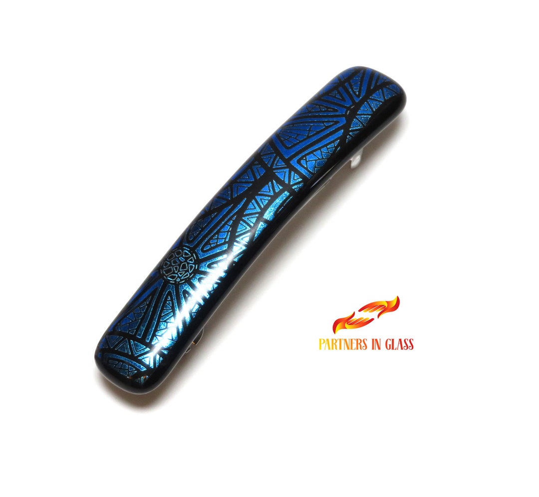 Blue 4 Inch 80mm Thick Hair Glass Barrette Handcrafted With Etched ...