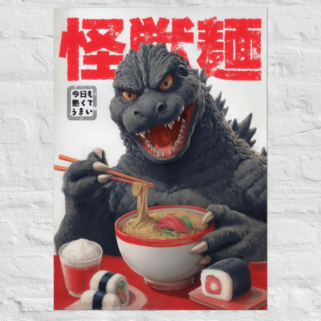 Kaiju Godzilla Eating Ramen Poster Print Vintage Japanese Magazine ...