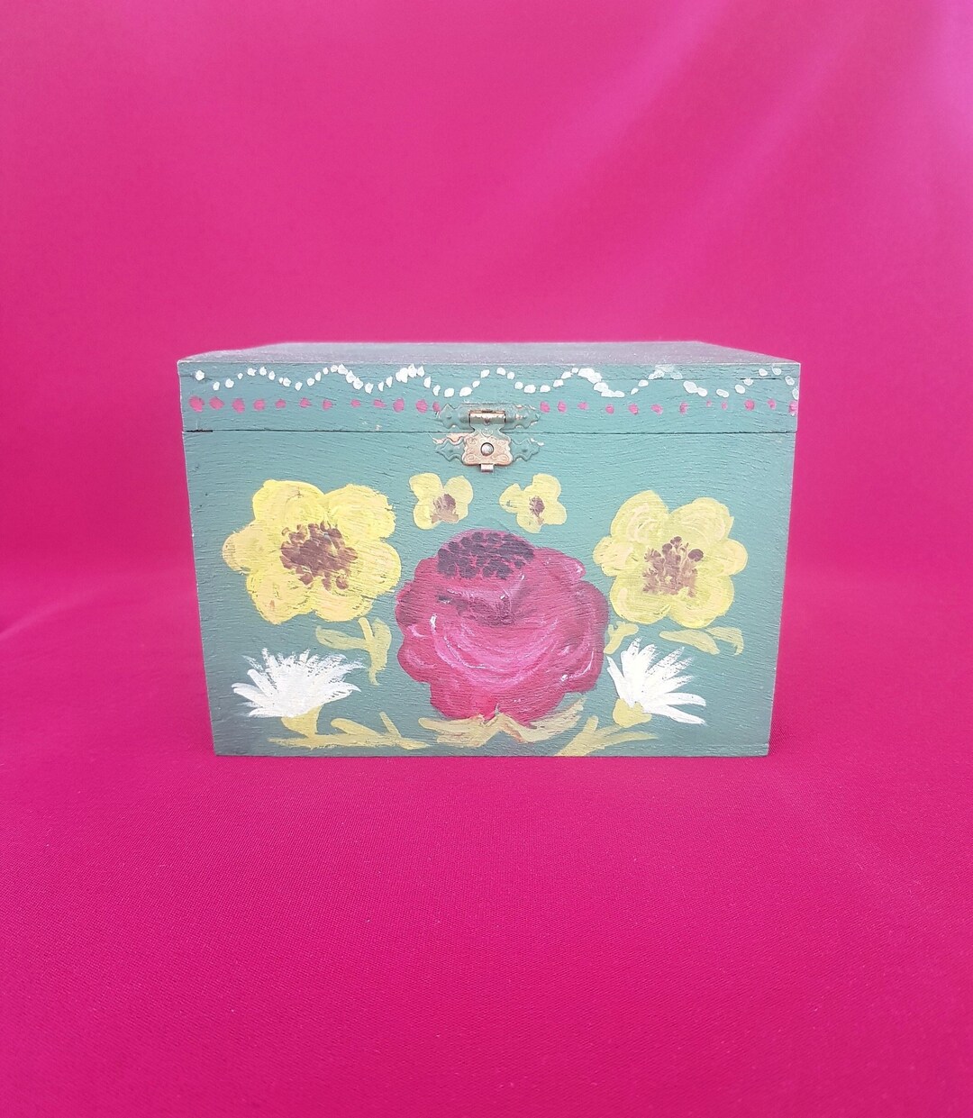 50s-60s Vintage Wooden Box, Jewelry Box, Hand-painted With Floral Motif ...