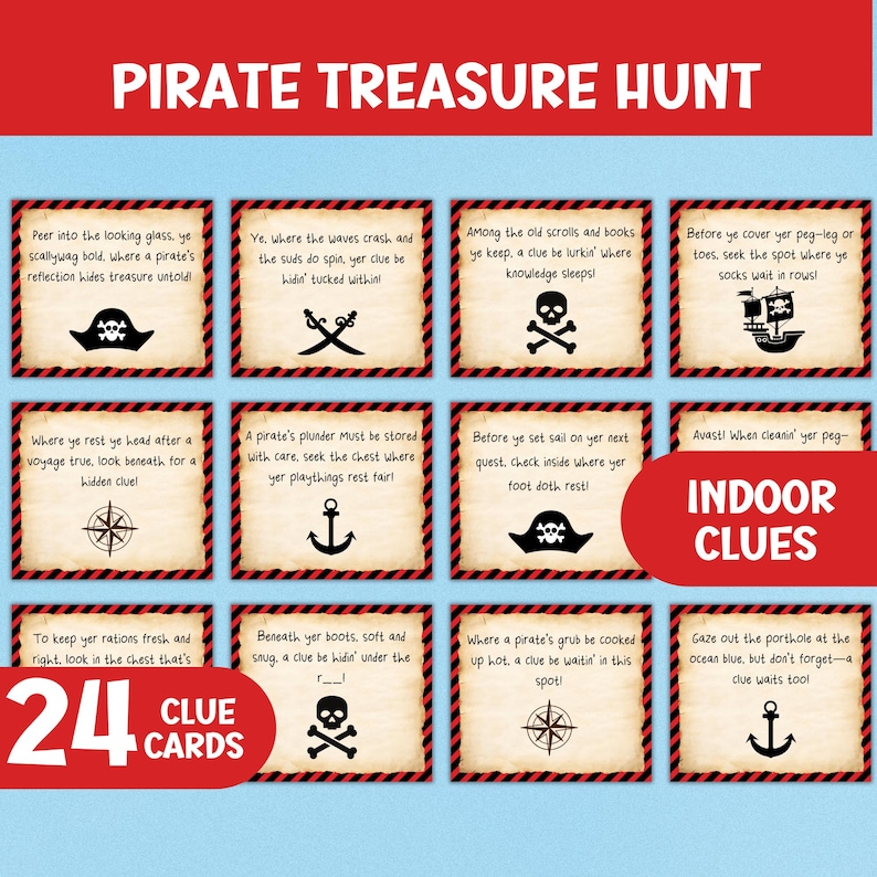 Printable Pirate Treasure Hunt, Indoor Treasure Hunt Clue Cards, Kids ...