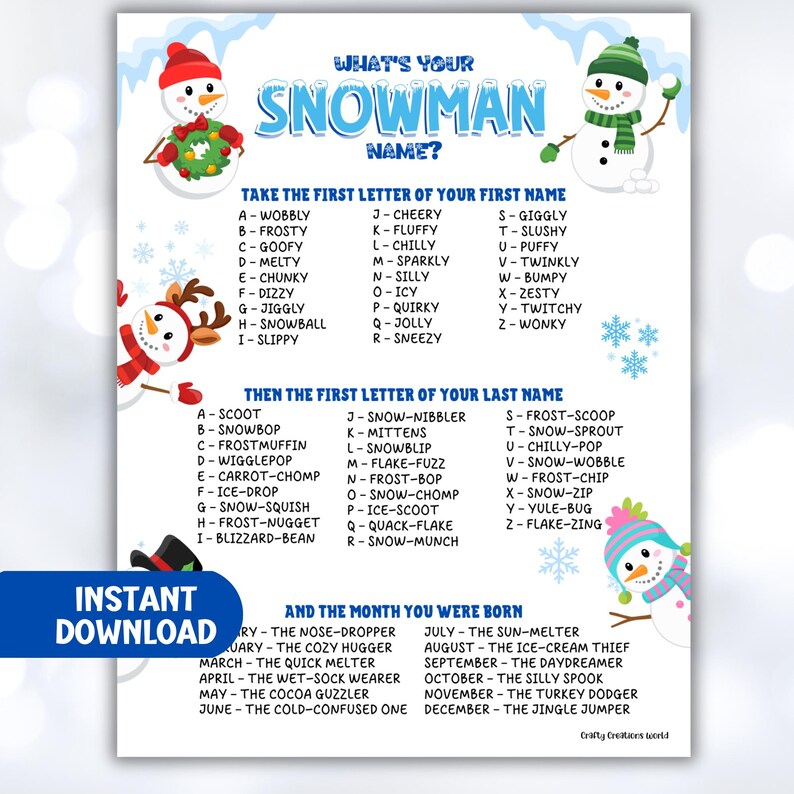 Snowman Name Generator, Winter Printable Game for Kids, What's Your ...