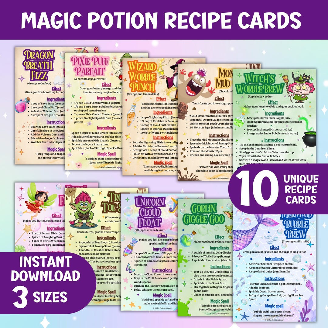Kids Potion Recipe Cards, Printable Magic Snacks, Fantasy Food Cards ...