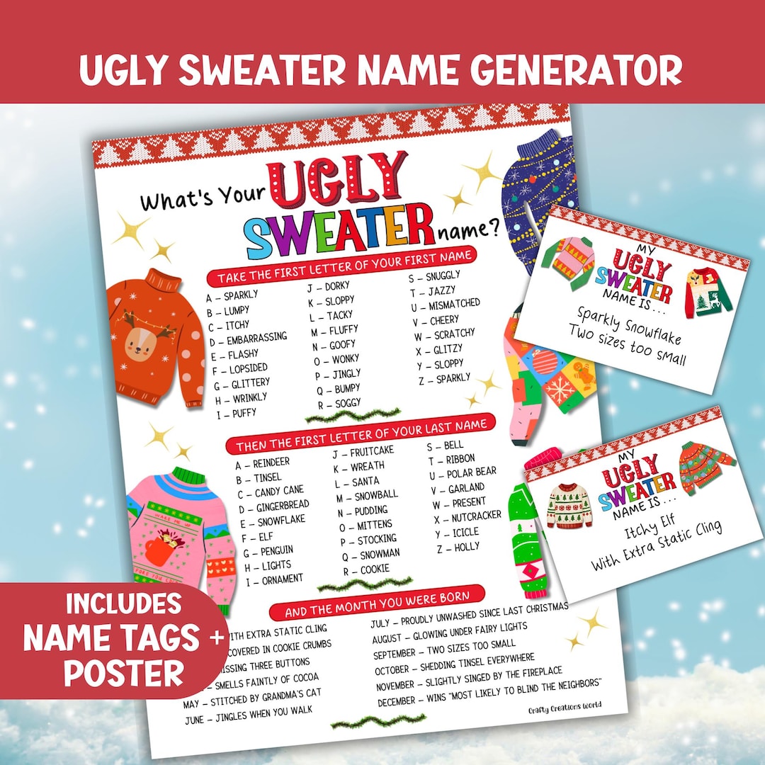 Ugly Sweater Name Generator, Christmas Printable Game for Kids, What's ...