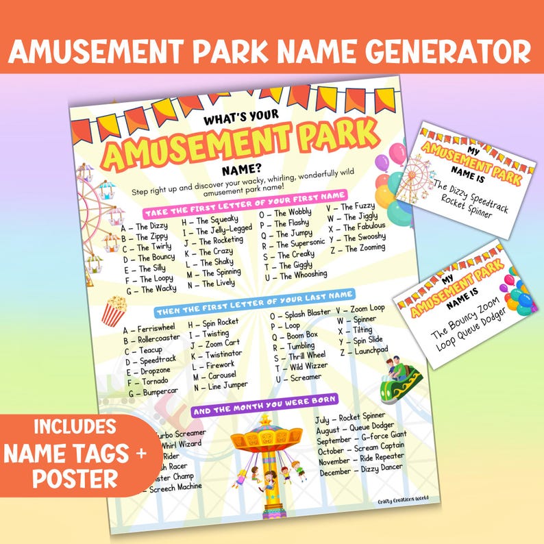 Kids Amusement Park Name Generator, Fun Printable Carnival Party Game ...