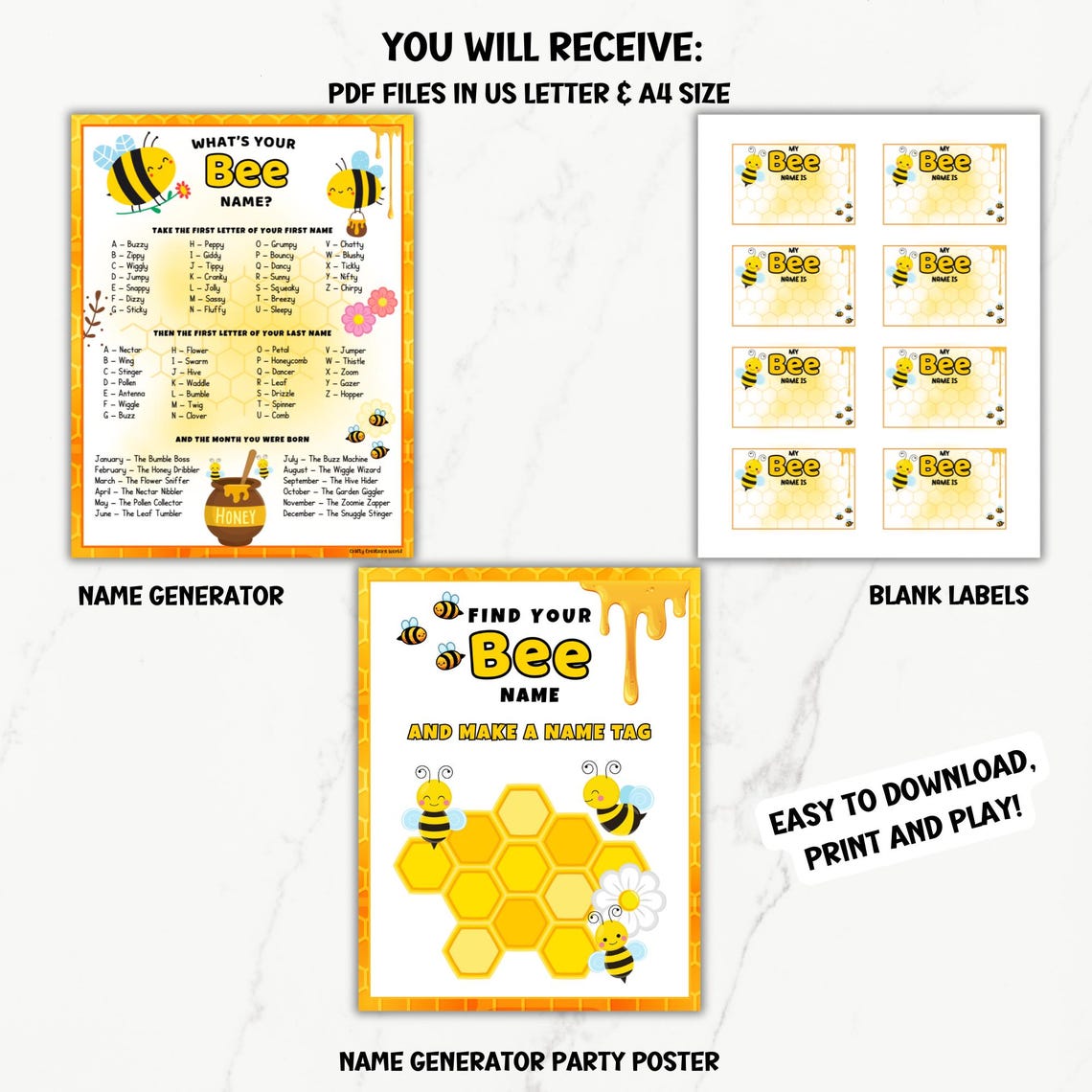 What's Your Bee Name Game for Kids, Honey Bee Title Generator, Nature ...