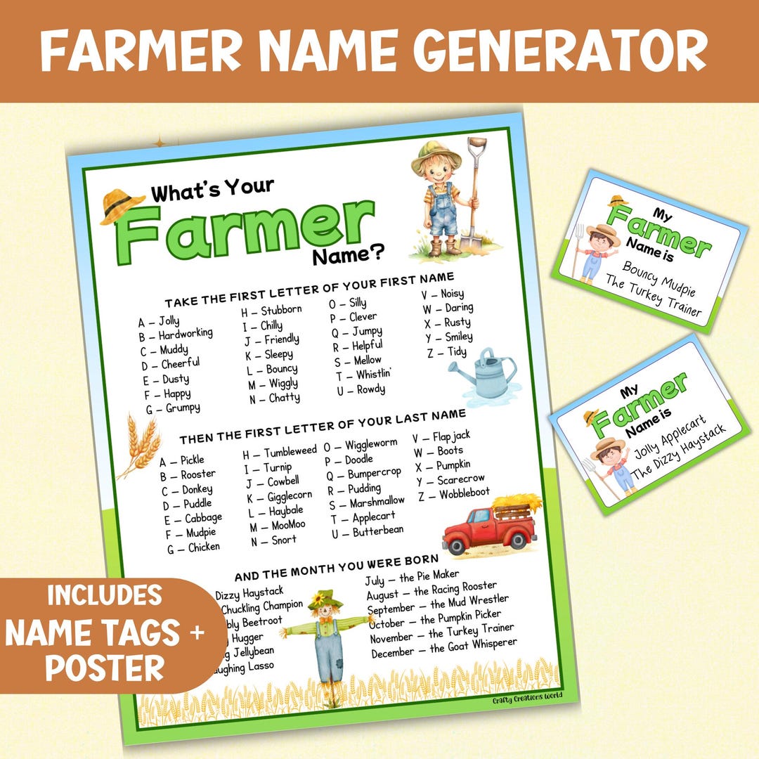What's Your Farmer Name Game for Kids, Birthday Party Down on the Farm ...