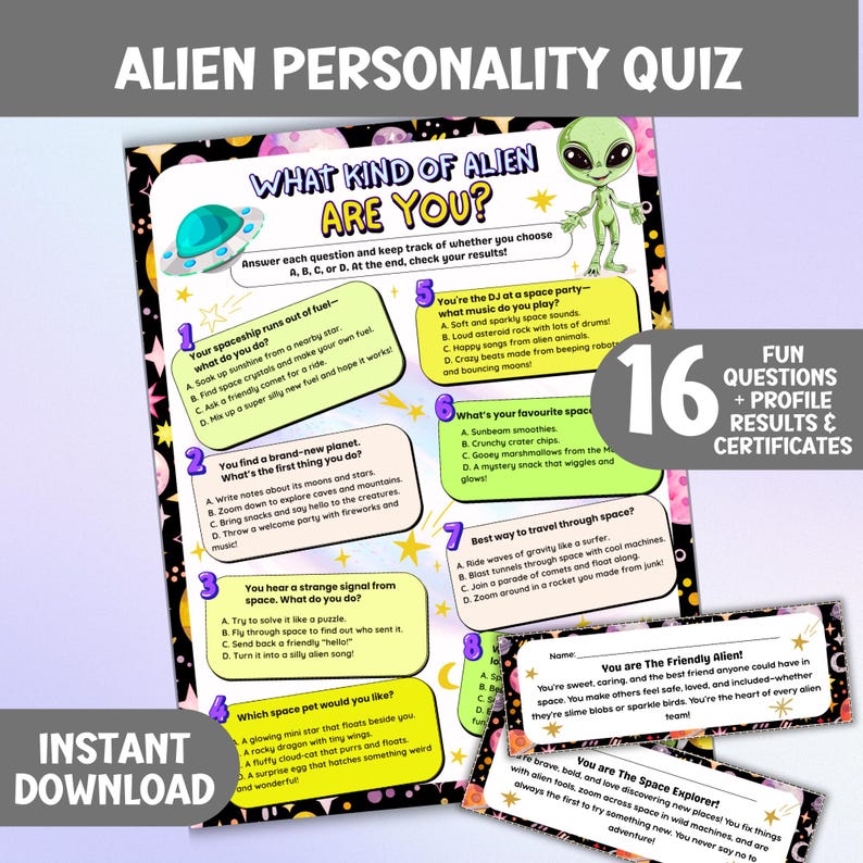 Alien Personality Quiz, What Kind of Alien Are You Game, Printable ...