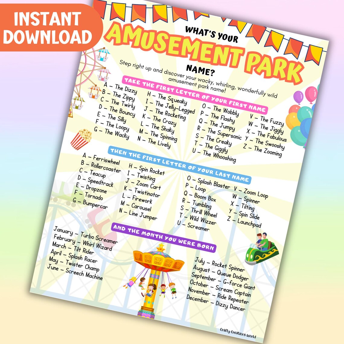Kids Amusement Park Name Generator, Fun Printable Carnival Party Game ...