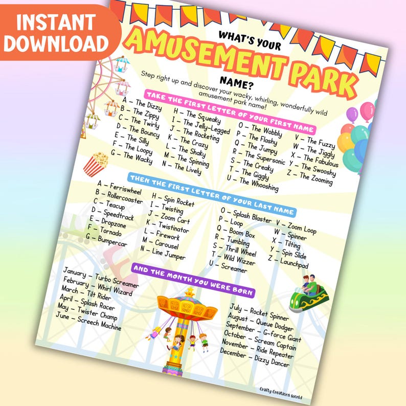 Kids Amusement Park Name Generator, Fun Printable Carnival Party Game ...