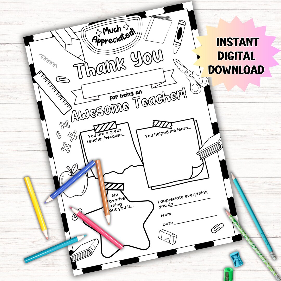Thank You Teacher Gift End of Year Printable, Kids Appreciation School ...