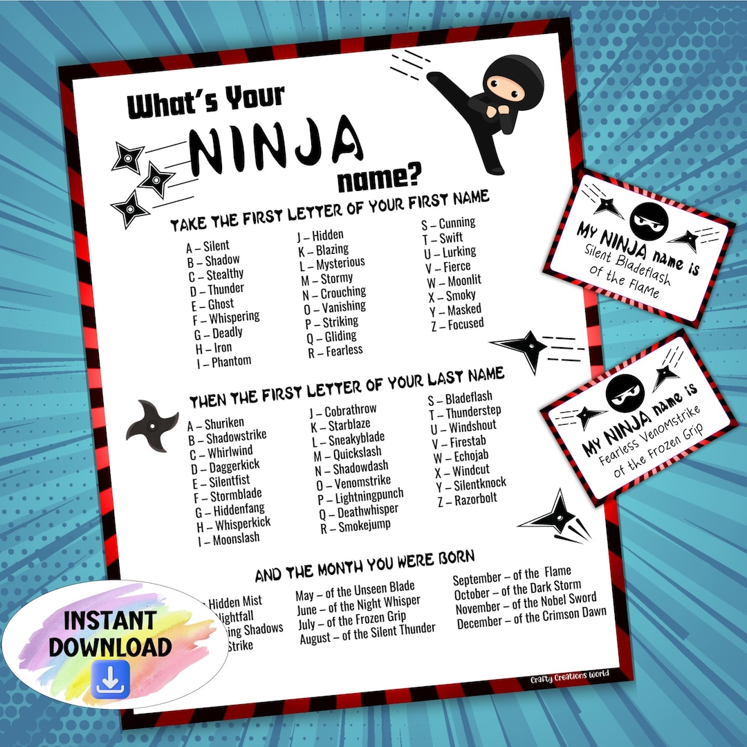 Whats Your Ninja Name Party Game for Kids, Fantasy Label Generator ...