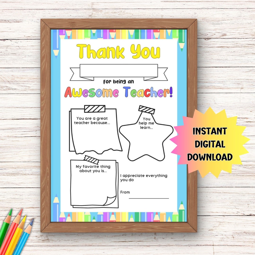 Teacher Appreciation Instant Printable, Thank You Teacher Gift, All ...