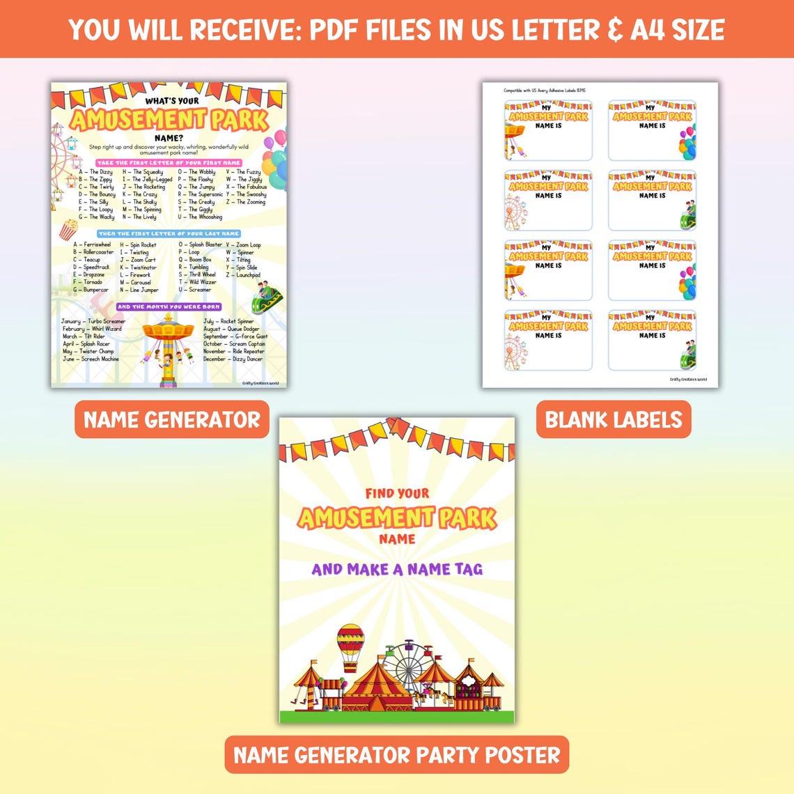 Kids Amusement Park Name Generator, Fun Printable Carnival Party Game ...