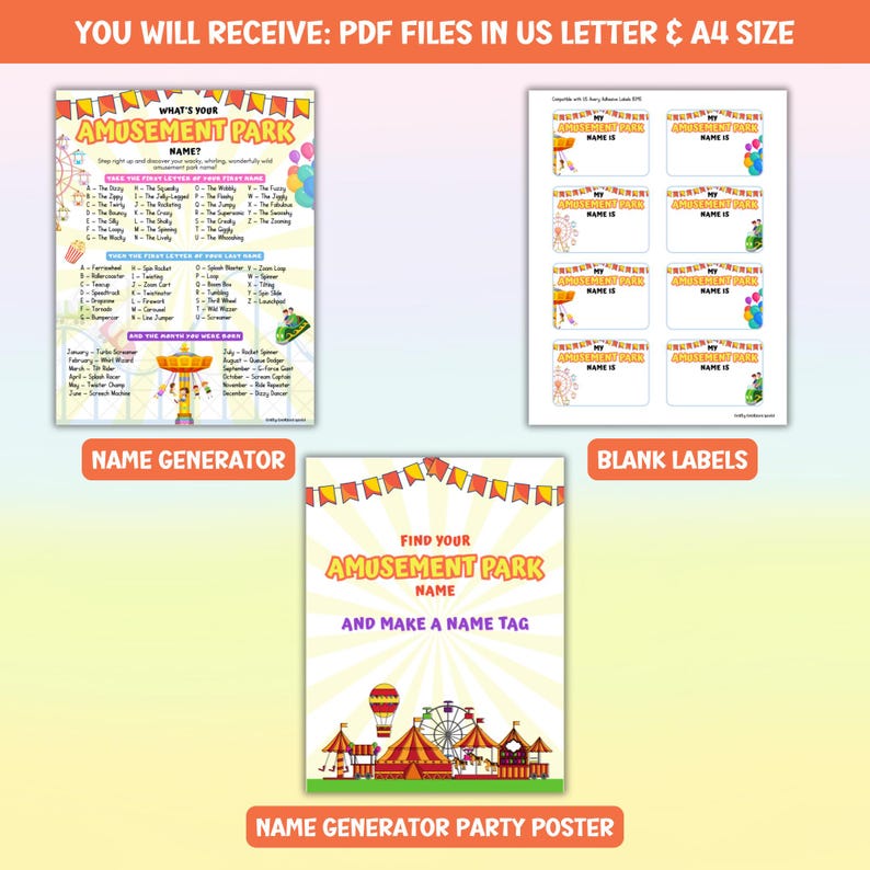 Kids Amusement Park Name Generator, Fun Printable Carnival Party Game ...
