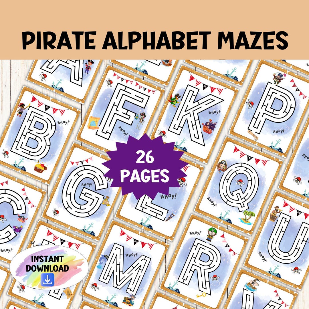 Pirate Alphabet Maze Set, A-Z Letter Activities, Printable Party Game ...