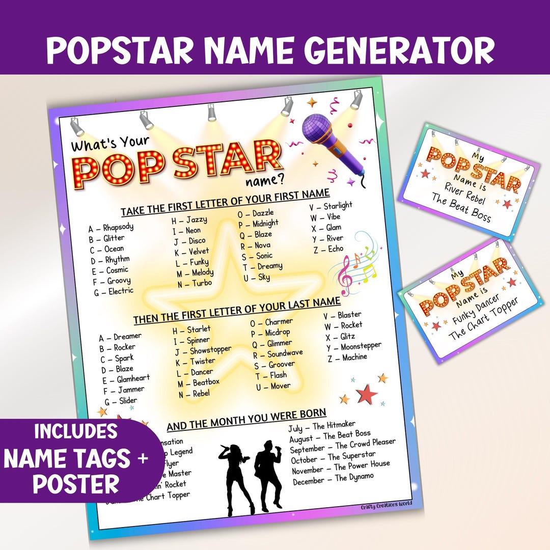 What's Your Popstar Name Game for Kids, Birthday Party Pop Star Alias ...