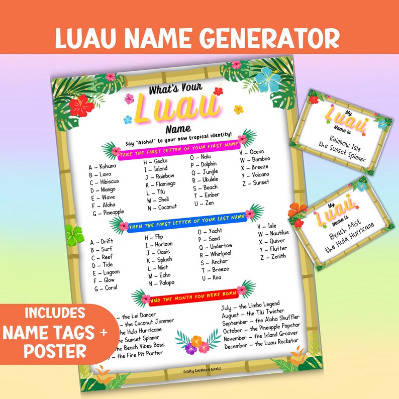 What's Your Luau Name Game, Tropical Name Generator, Hawaiian Birthday ...