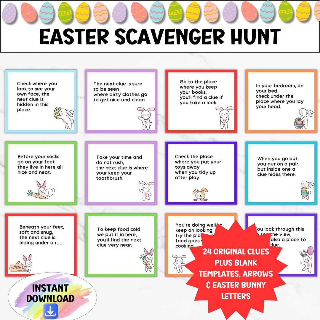 Printable Easter Egg Scavenger Hunt, Indoor Treasure Hunt Clue Cards ...