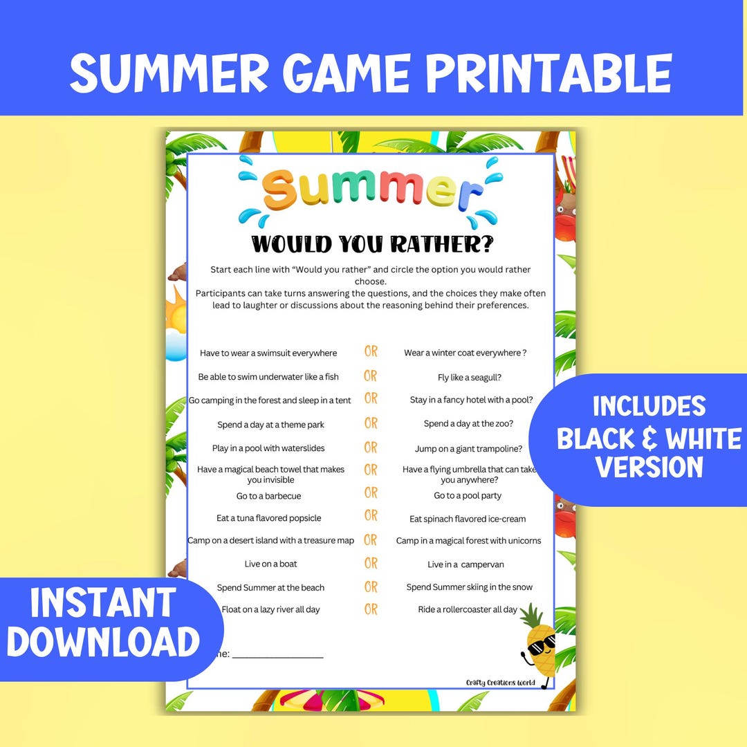 Summer Printable Game, Would You Rather, This or That Kids Activity for ...