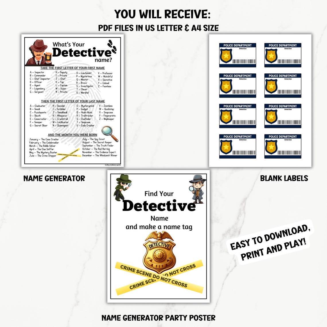 What's Your Detective Name Game for Kids, Birthday Party Label ...