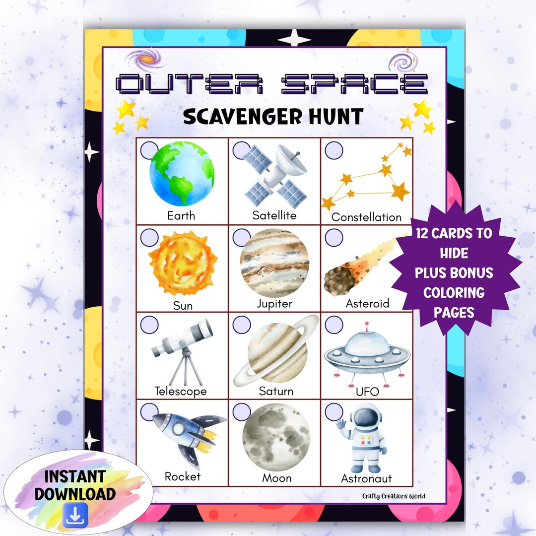 Outer Space Scavenger Hunt for Kids, Indoor or Outdoor Treasure Hunting ...