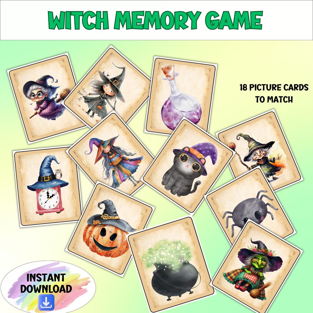Witch Memory Halloween Game for Kids, Matching Pairs Cards, Cute Witch ...