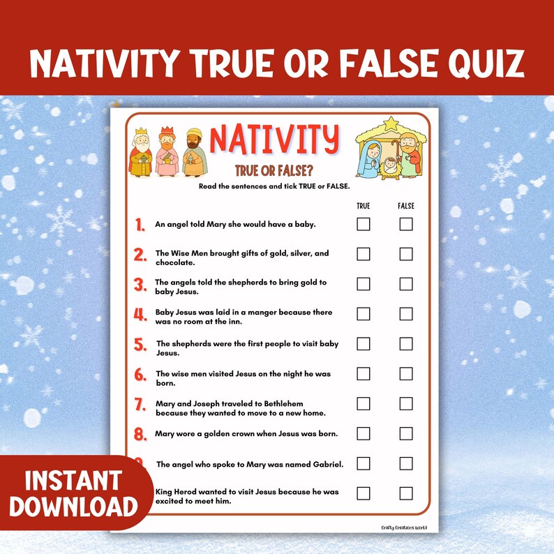 Nativity Quiz Printable, Bible True or False Game, Trivia Activity for ...