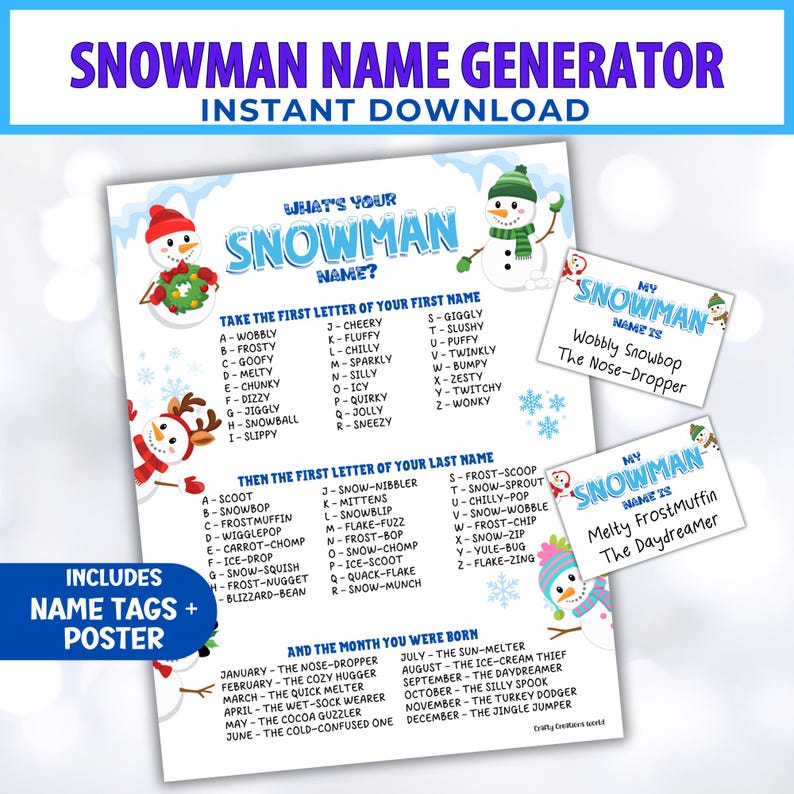 Snowman Name Generator, Winter Printable Game for Kids, What's Your ...