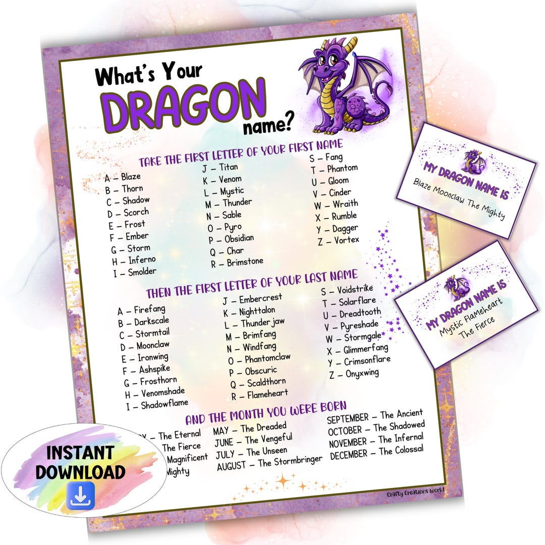 Whats Your Dragon Name Party Game for Kids, Fantasy Name Generator ...