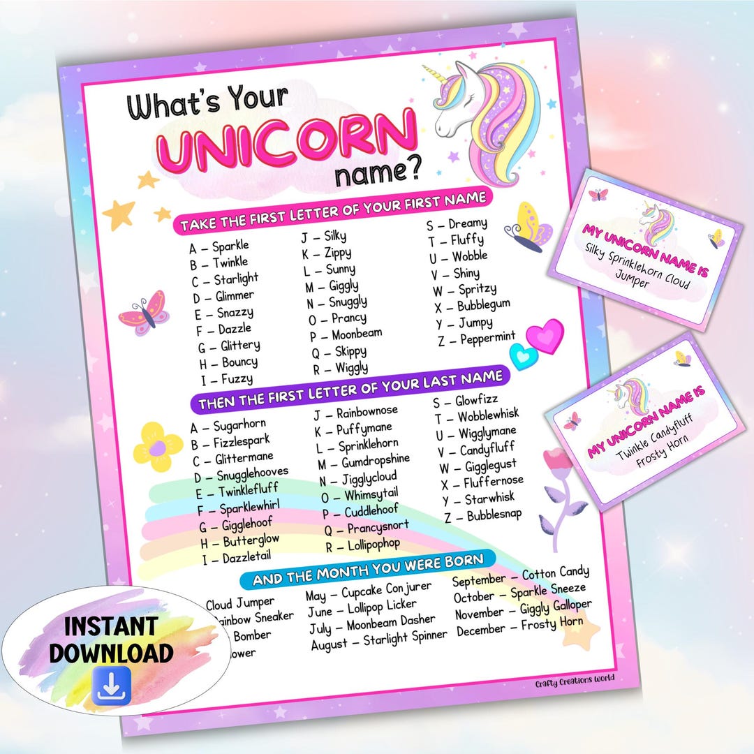 Whats Your Unicorn Name Party Game for Kids, Fantasy Label Generator ...
