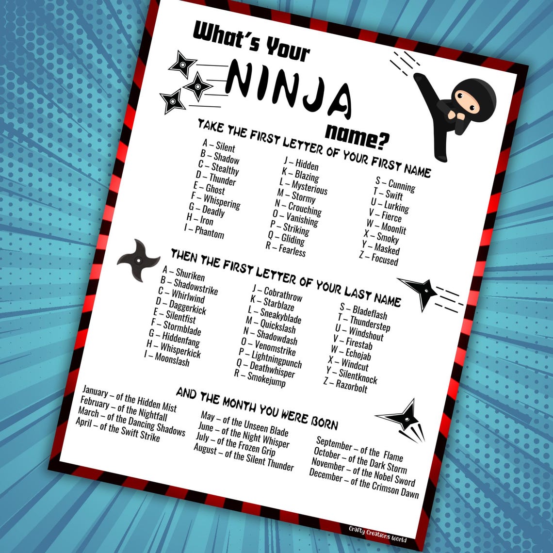 Whats Your Ninja Name Party Game for Kids, Fantasy Label Generator ...