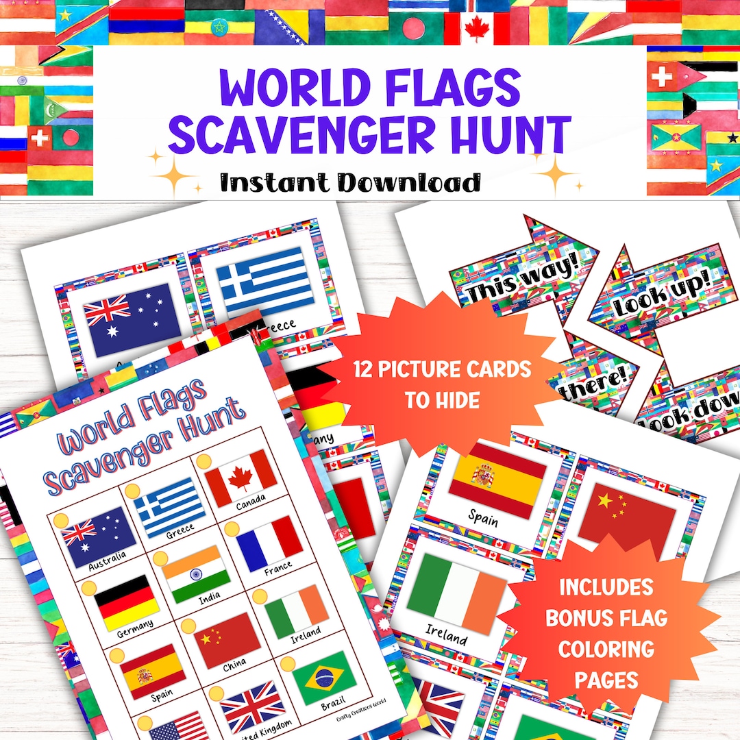 Flags of the World Scavenger Hunt for Kids, Indoor or Outdoor Holiday ...