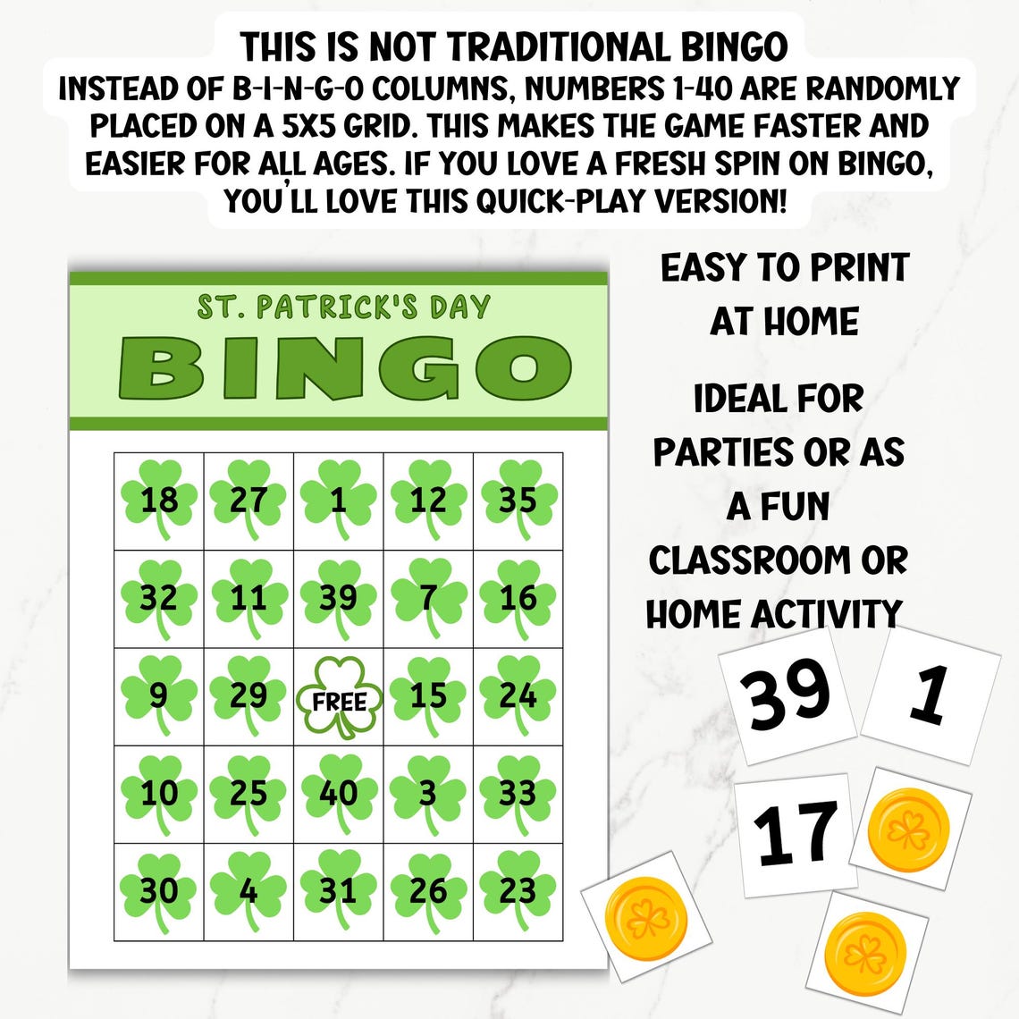 St. Patrick's Day Bingo Game, Lucky Shamrock Activity, St. Patty's ...