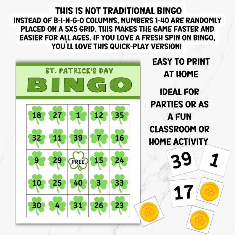 St. Patrick's Day Bingo Game, Lucky Shamrock Activity, St. Patty's ...