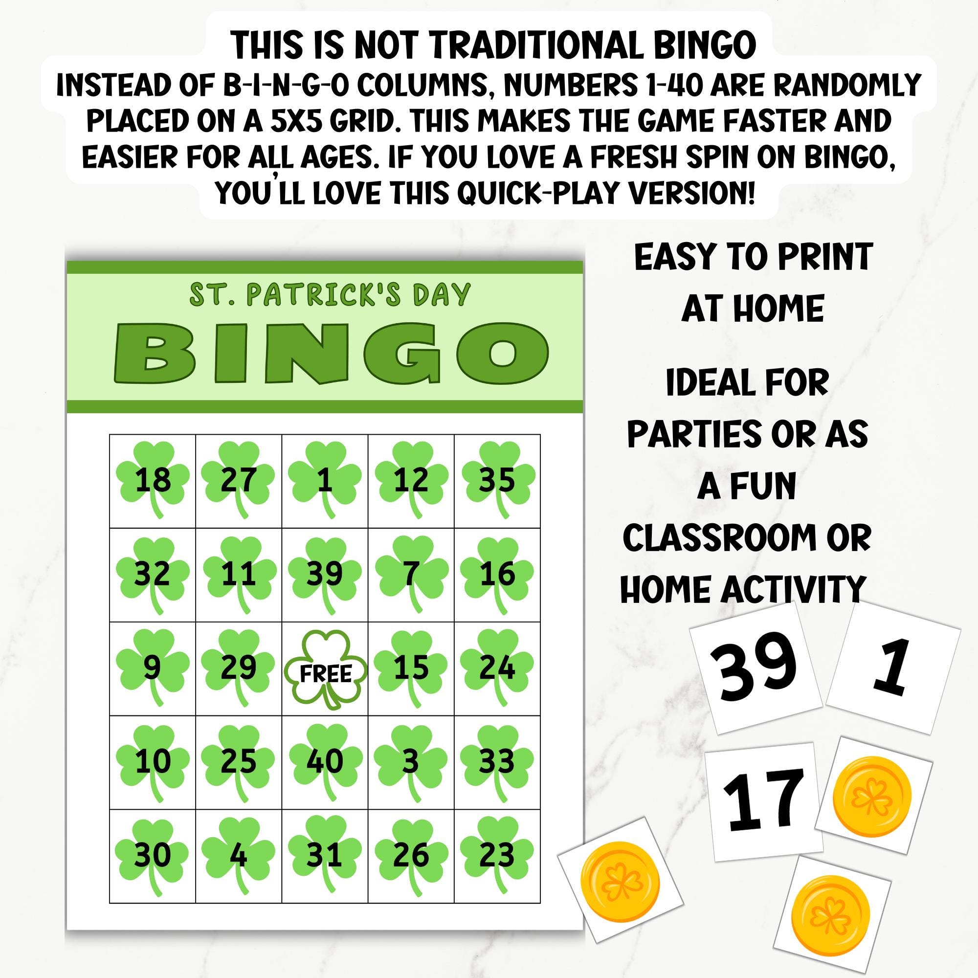 St. Patrick's Day Bingo Game, Lucky Shamrock Activity, St. Patty's ...