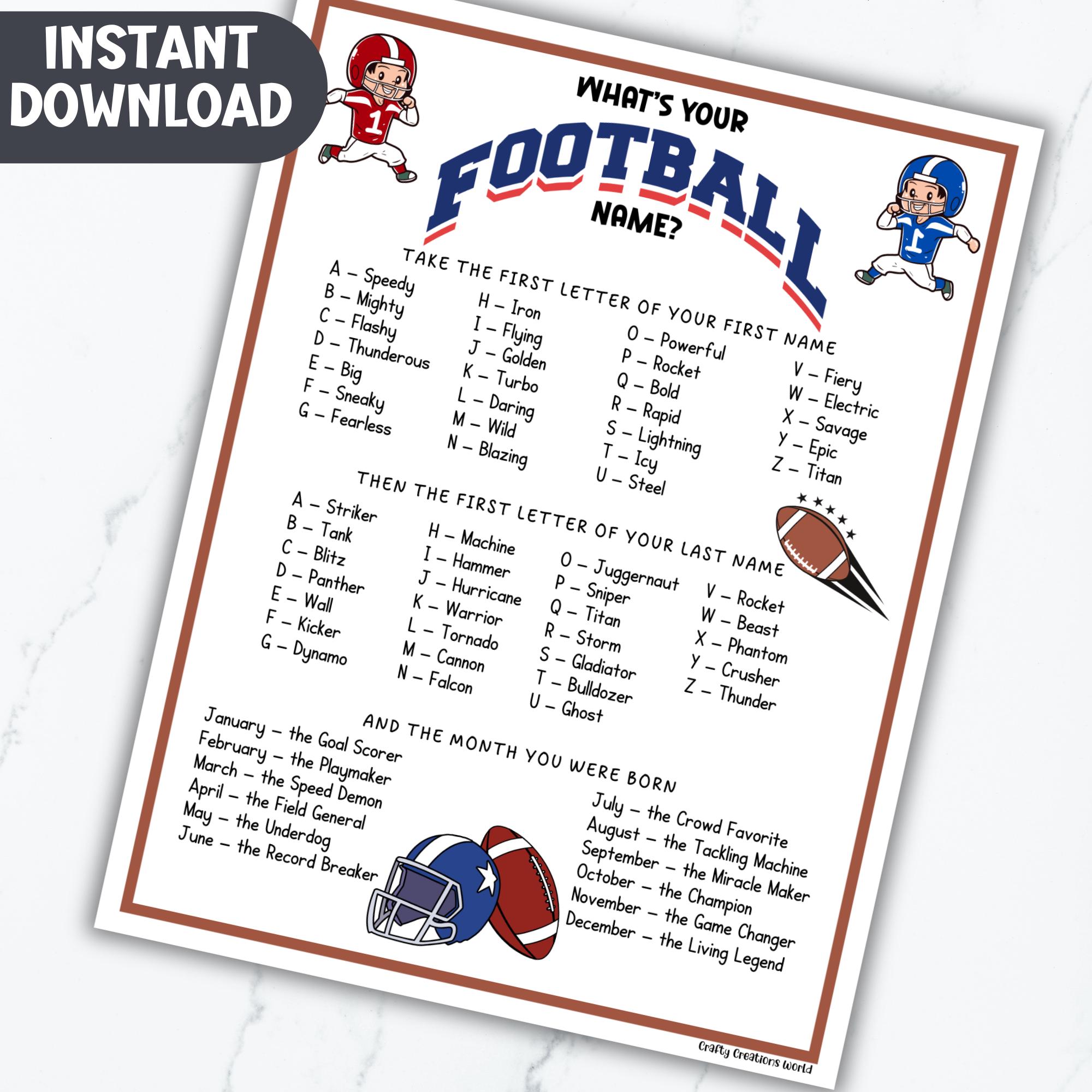 What's Your Football Name Game for Kids, Football Title Generator ...