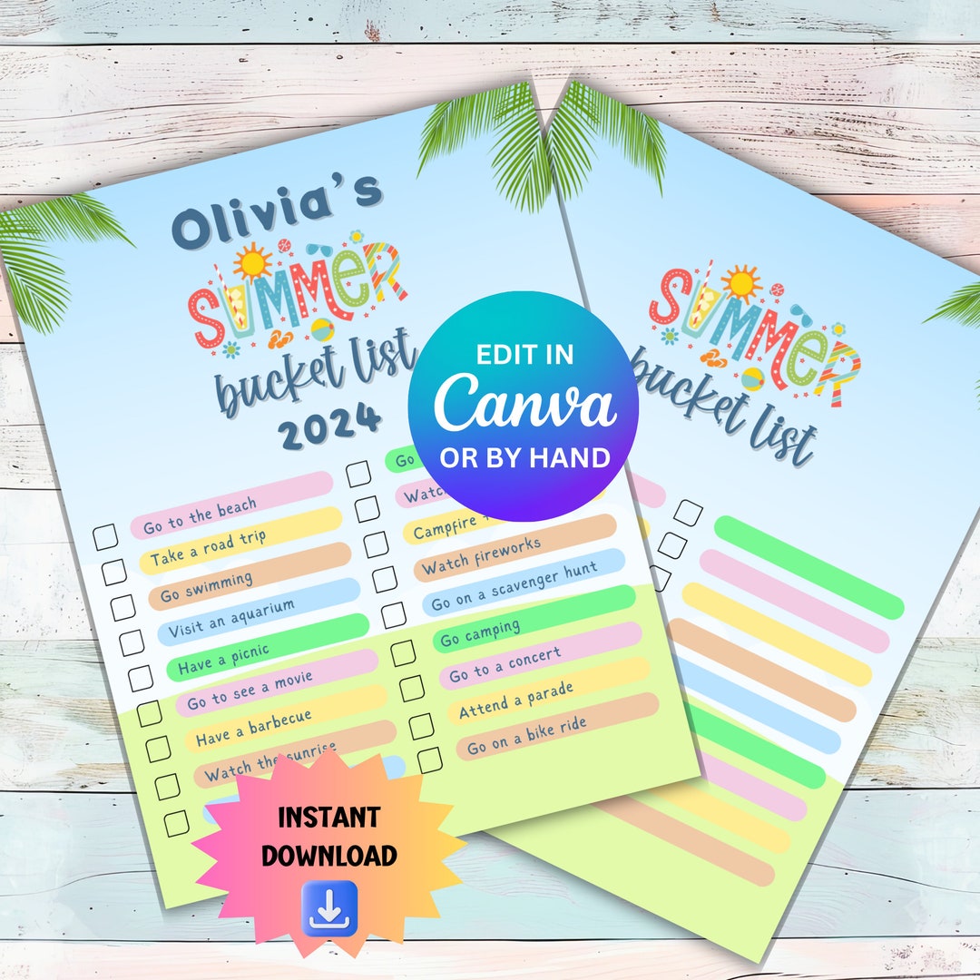 Editable Summer Bucket List, Activities Checklist, Printable Customized ...