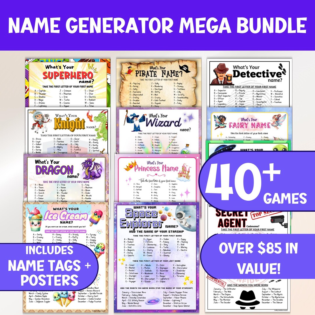 Name Generators Mega Bundle, Themed Kids Party Games, Role Play ID ...