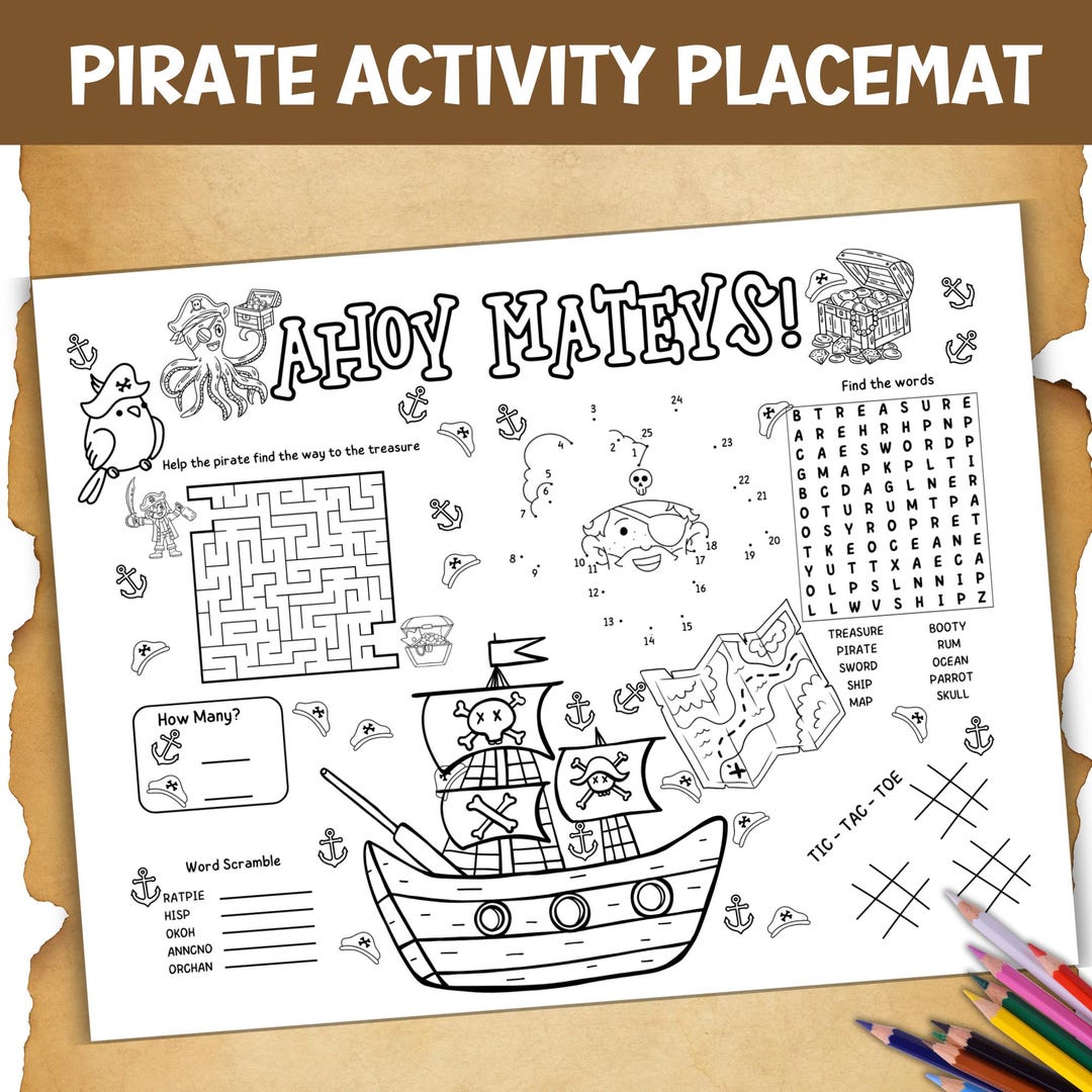 Pirate Coloring Activity Placemat, Pirate Party Games & Favors, Kids ...