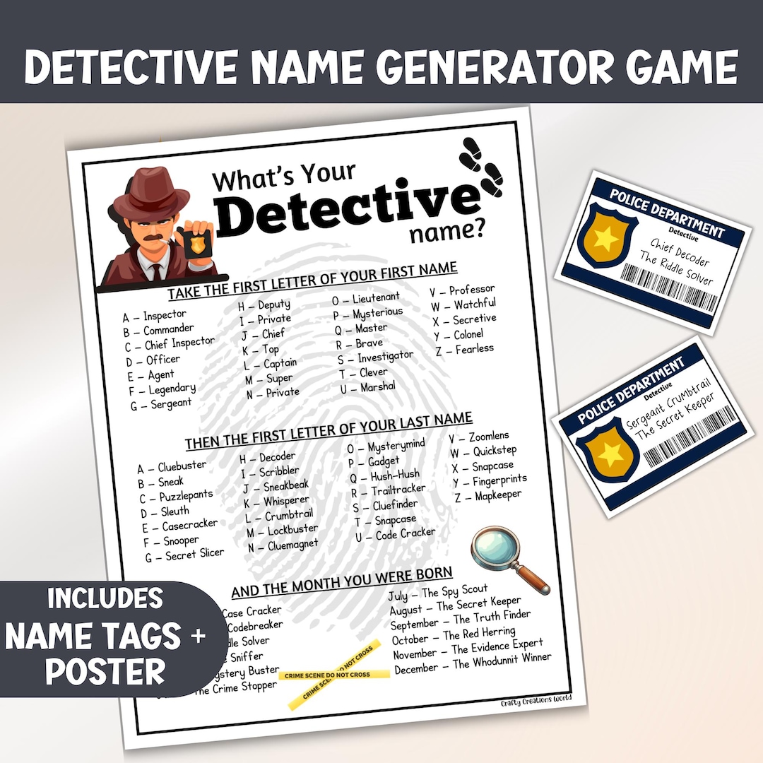 What's Your Detective Name Game for Kids, Birthday Party Label ...