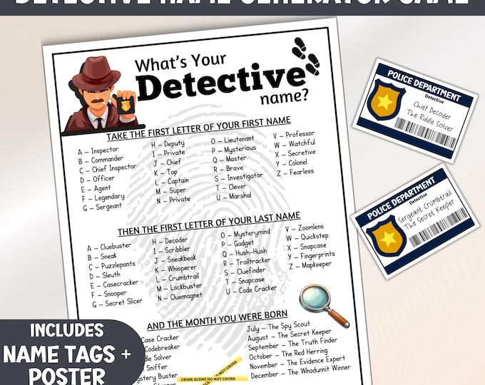 What's Your Detective Name Game for Kids, Birthday Party Label ...